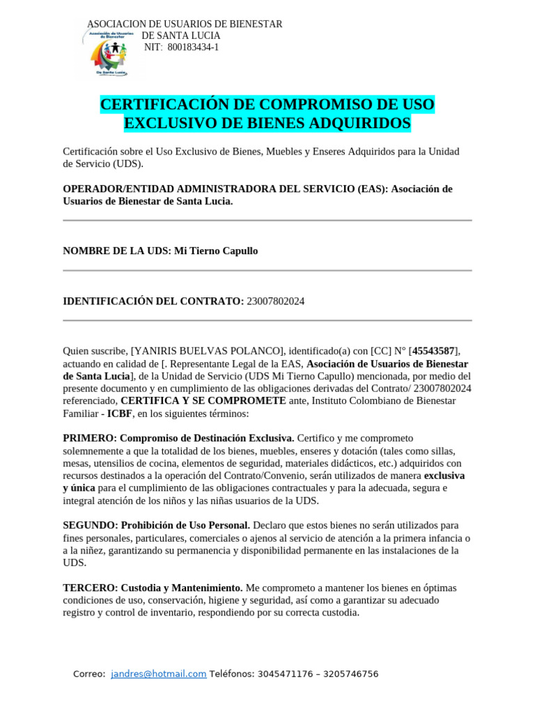 Certificación de Compromiso de Uso Exclusivo de Bienes Adquiridos | PDF