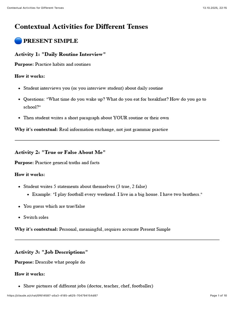 Contextual Activities for English Tenses | PDF | Grammatical Tense