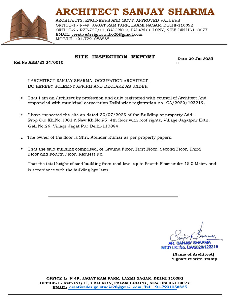 Site Inspection Report by Architect Sanjay Sharma | PDF