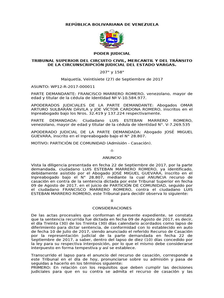 Sentencia Admision de Recurso de Casacion Wp12 R 2017 11 | PDF | Sentencia (ley) | Judicaturas