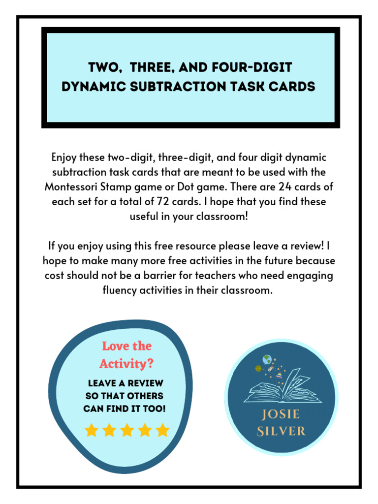 Two, Three, and Four-Digit Dynamic Subtraction Task Cards: Love The ...