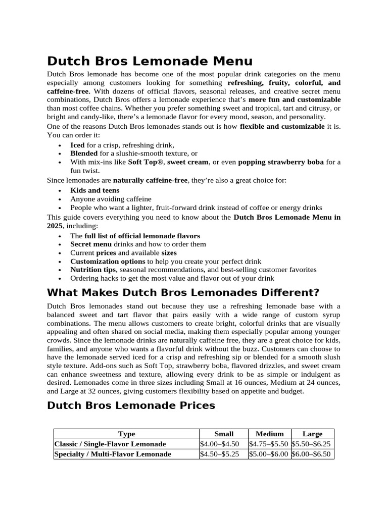 Dutch Bros Lemonade Menu Overview | PDF | Lemonade | Berry