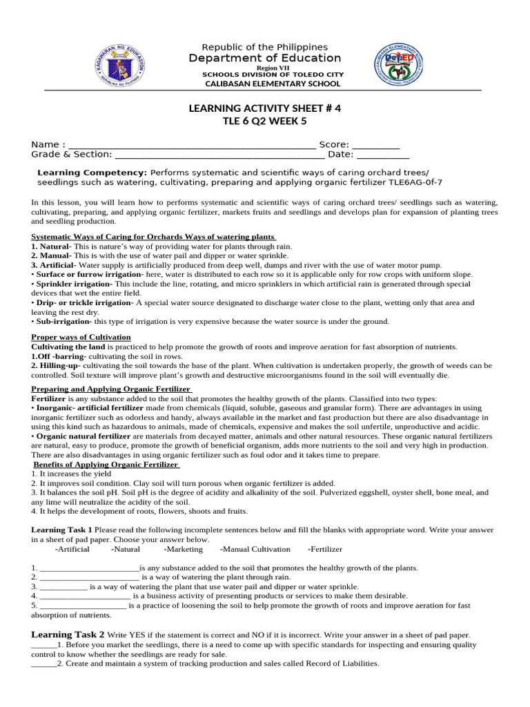 LAS Q2 TLE 6 W5 | PDF | Soil | Irrigation