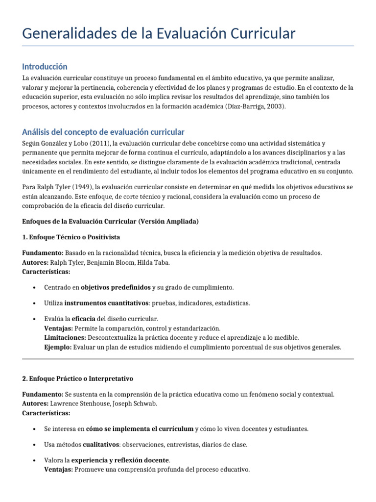 Generalidades De La Evaluacion Curricular Pdf Plan De Estudios