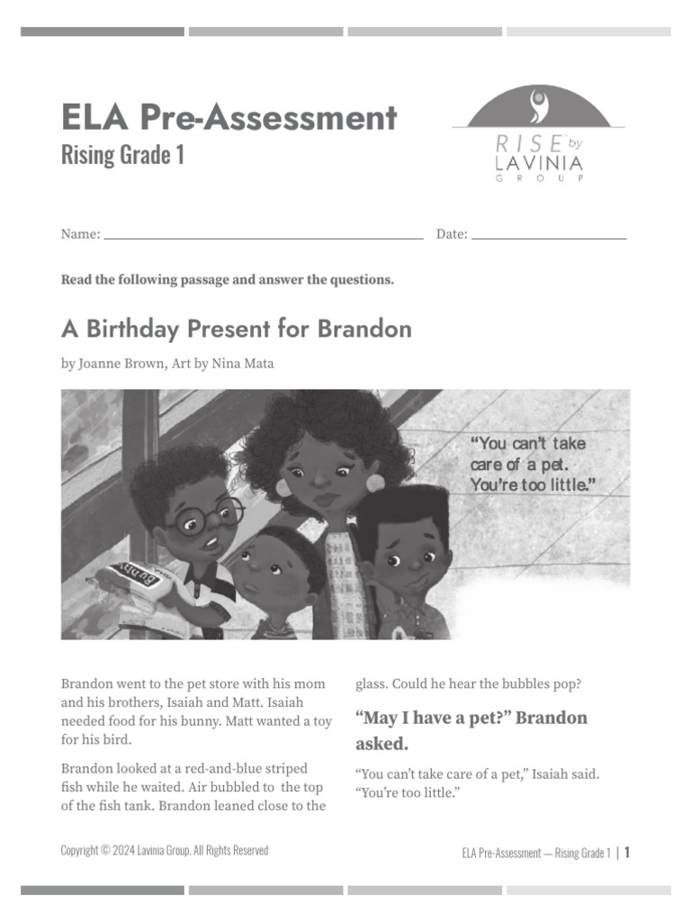 Lavinia ELA Pre Assessment Grade 1 | PDF | Question | Inference