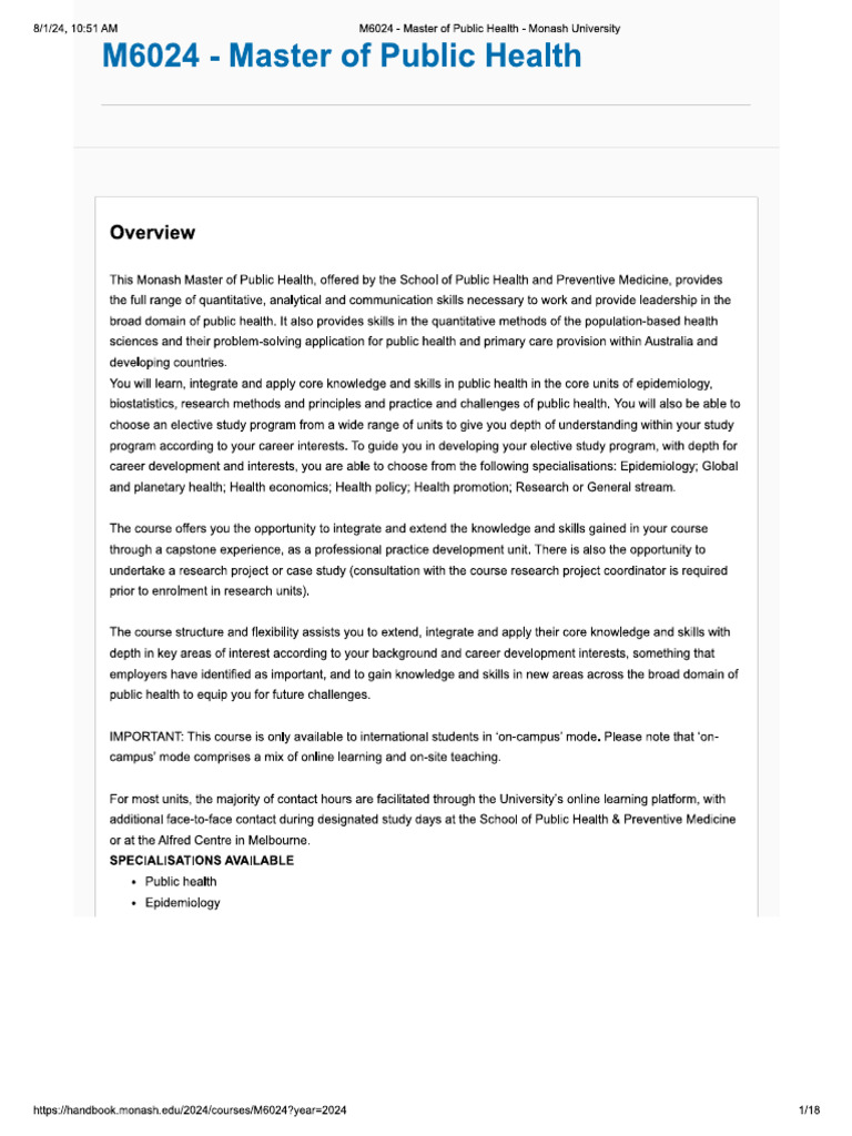 Master of Public Health Monash University | PDF