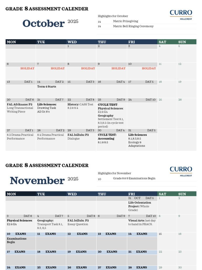 Grade 8 T4 2025 Assessment Calendar - 4 | PDF | Tests | Schools