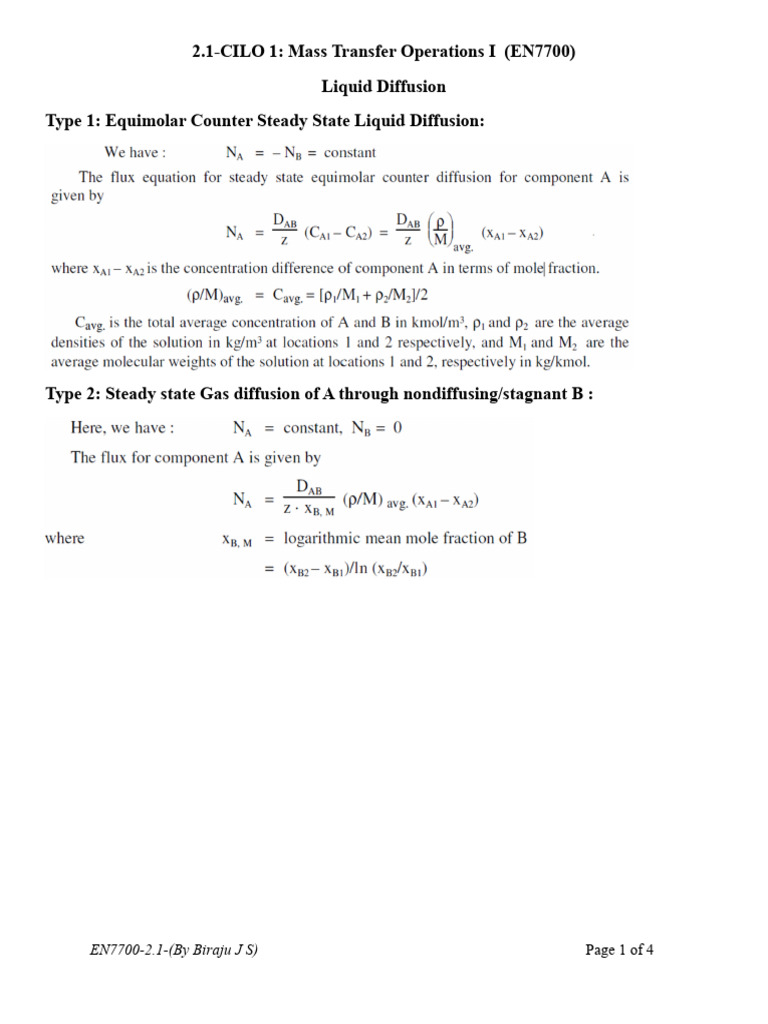 2.1-CILO 1: Mass Transfer Operations I (EN7700) Liquid Diffusion Type 1 ...