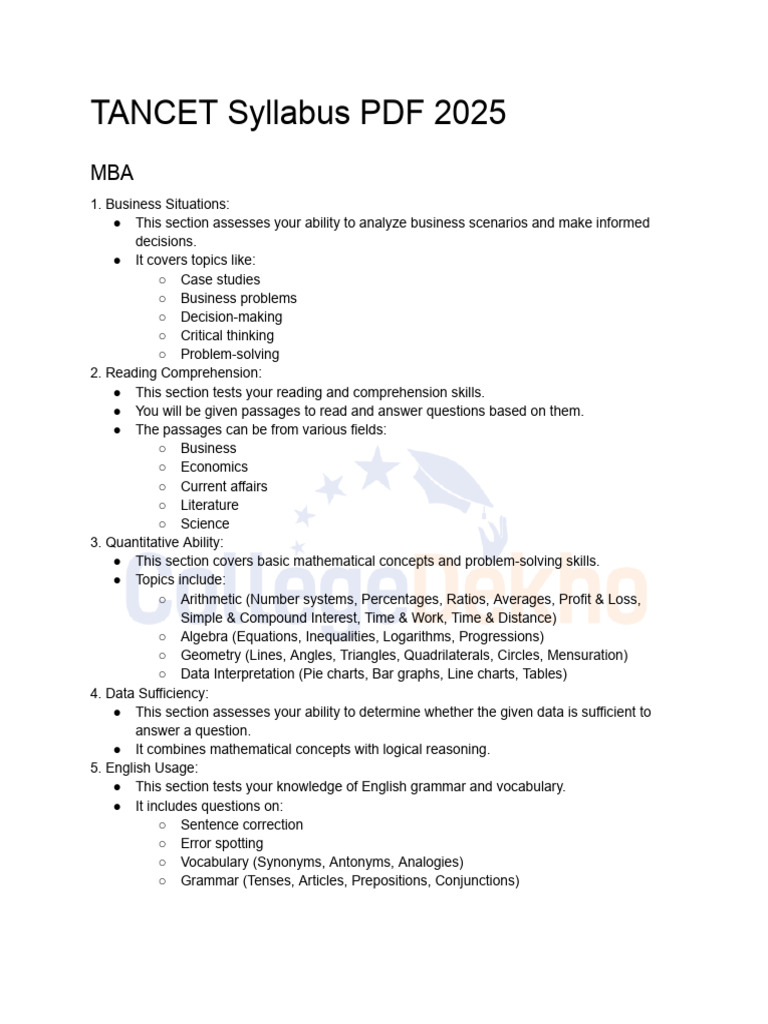 TANCET 2025 MBA & MCA Syllabus PDF | PDF | Trigonometry | Mathematics