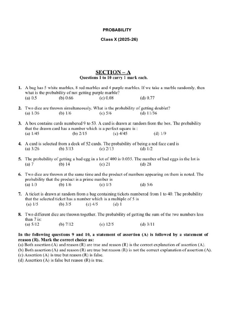 Class X Probability Worksheet | PDF