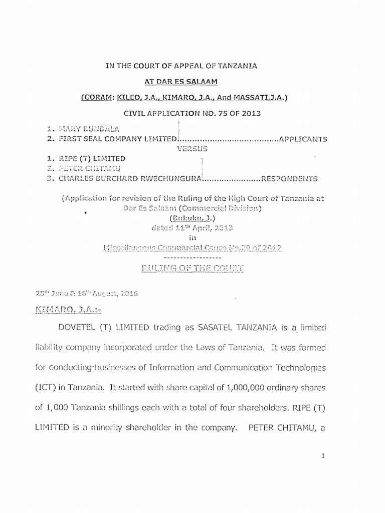 Mary Bundala Another Vs Ripe T Limited 2016 Tzca 855 16 August 2016 ...