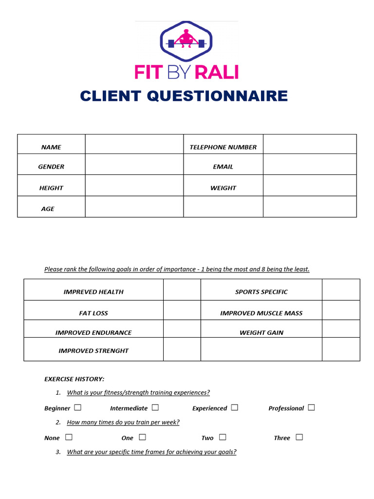 Client Fitness Goals Questionnaire | PDF | Strength Training ...