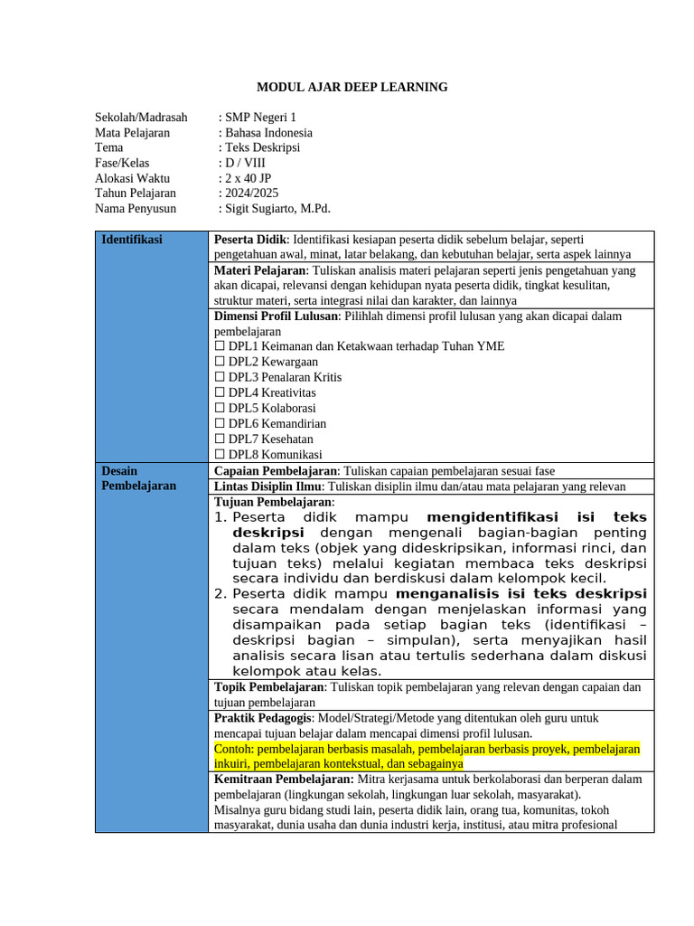 Template Modul Ajar Deep Learning | PDF