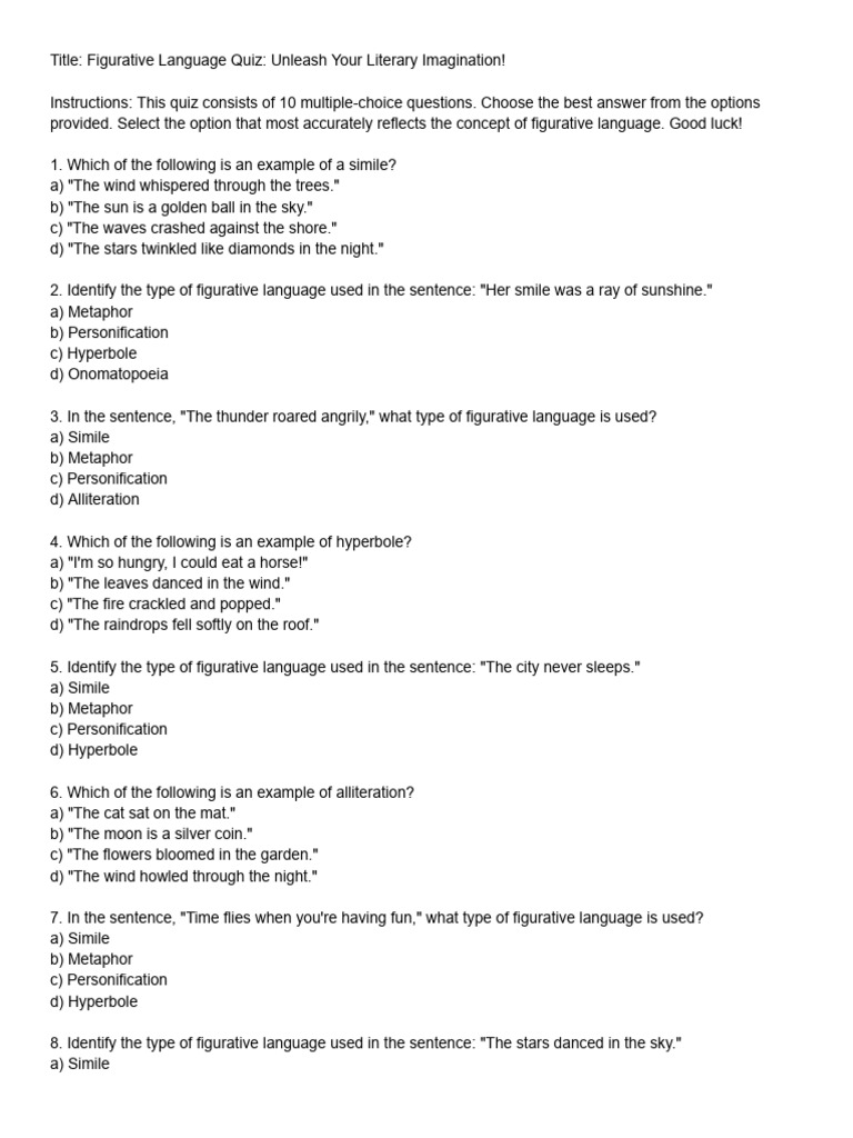 Figurative Language Quiz for Students | PDF | Metaphor | Idiom