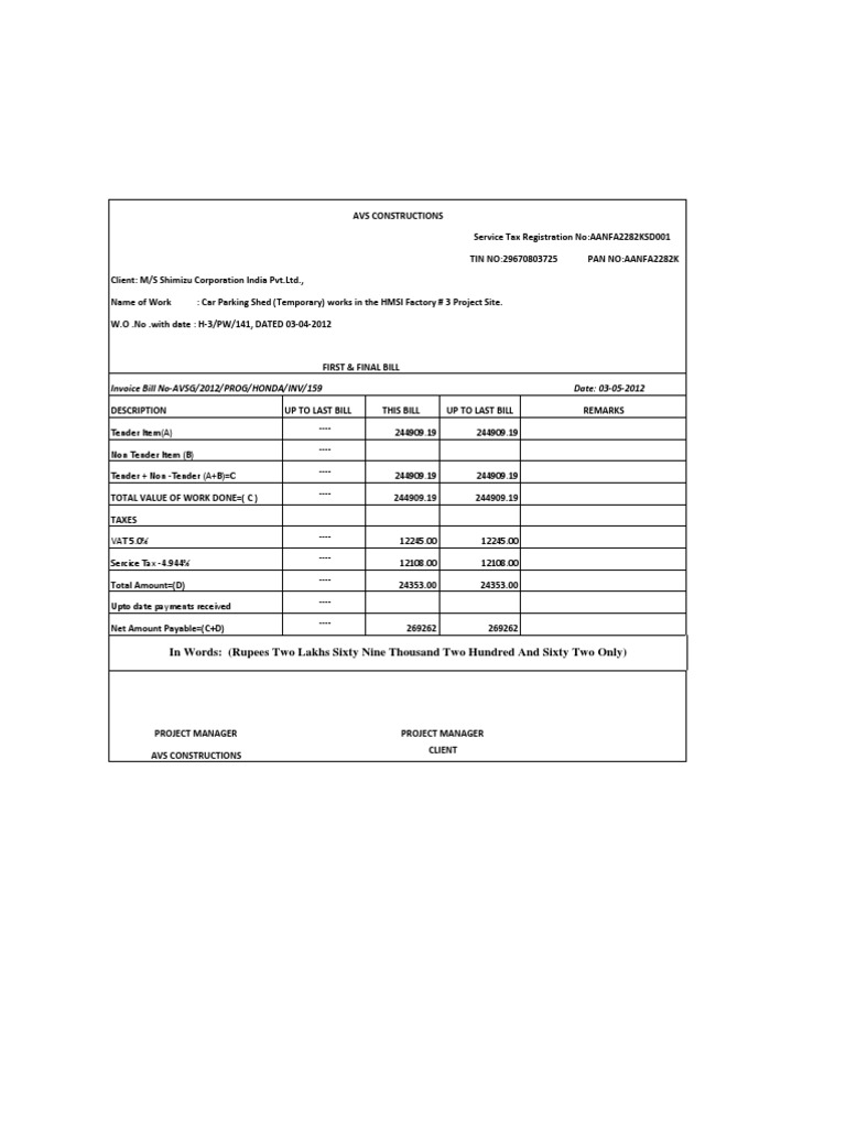 Temporary Car Parking Shed Invoice | PDF