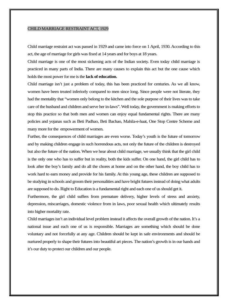Child Marriage Restraint Act 1929 Explained | PDF | Child Marriage ...