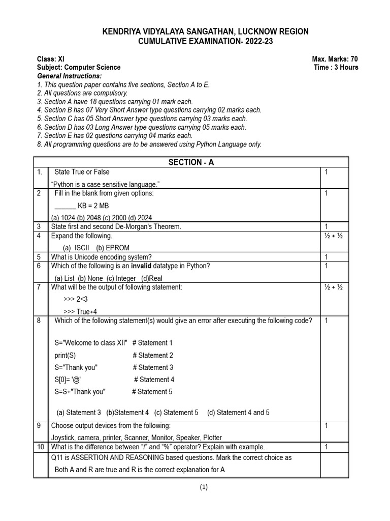 Class XI Computer Science Exam 2022-23 | PDF | Control Flow | Computer ...