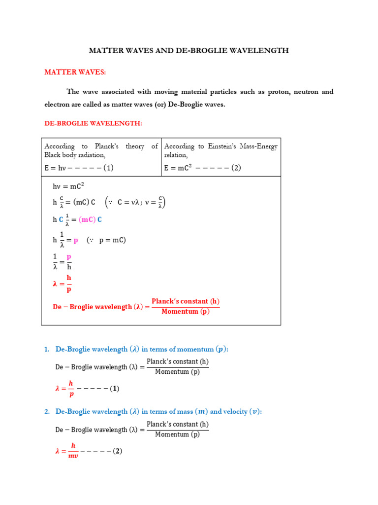 Matter Waves & De-Broglie Wavelength | PDF | Electronvolt | Wavelength