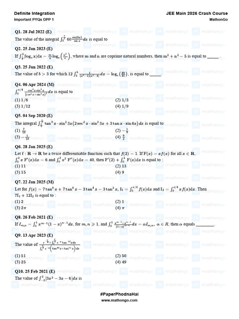 Important PYQs DPP 1 - Definite Integration | PDF | Discrete ...