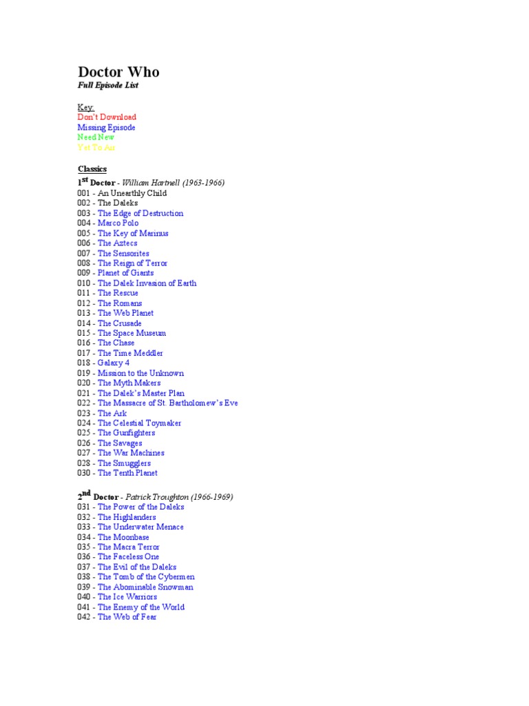 Doctor Who - Full Episode List | PDF | The Doctor (Doctor Who) | Doctor Who