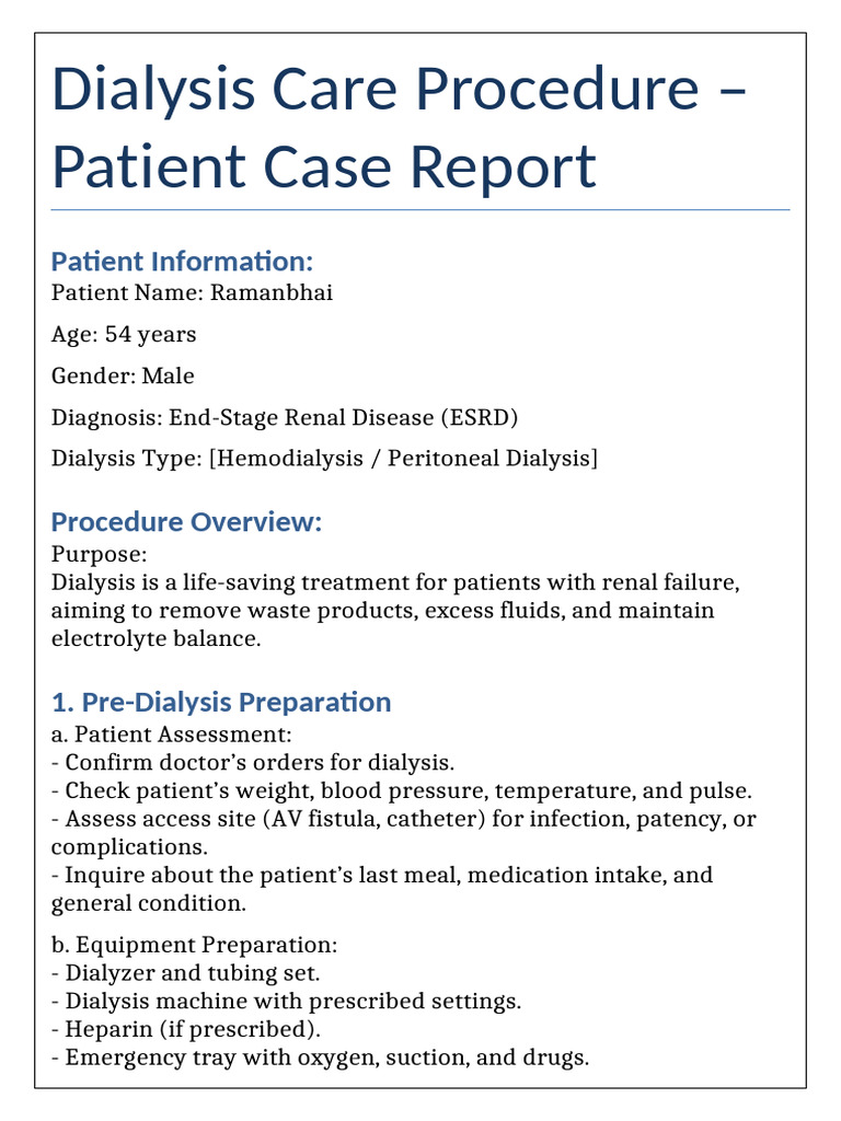 Dialysis Care Procedure for ESRD Patients | PDF | Hemodialysis ...