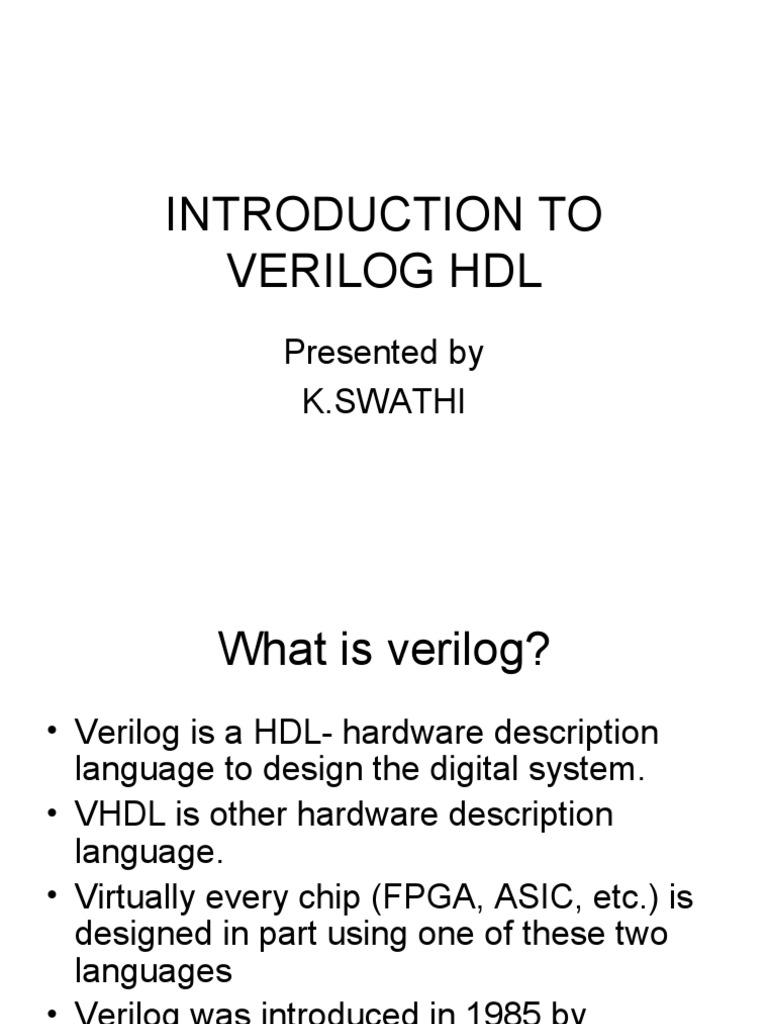 Introduction To Verilog Hdl Presented By Kswathi Pdf Hardware