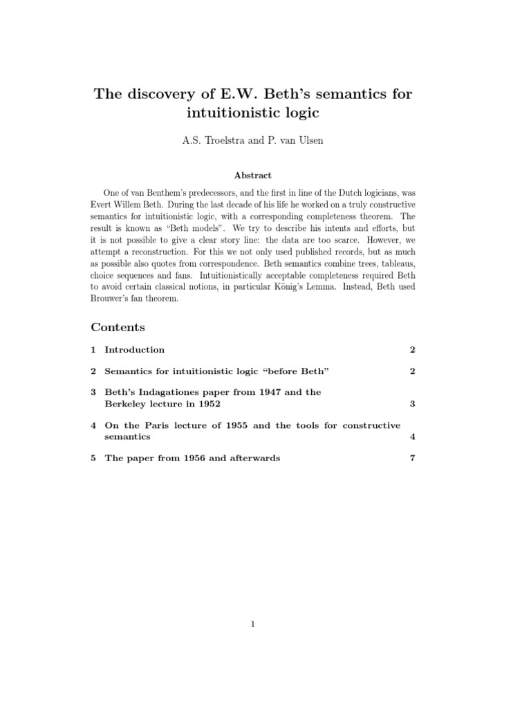 The Discovery of E.W. Beth's Semantics For Intuitionistic Logic | PDF | Interpretation (Logic ...