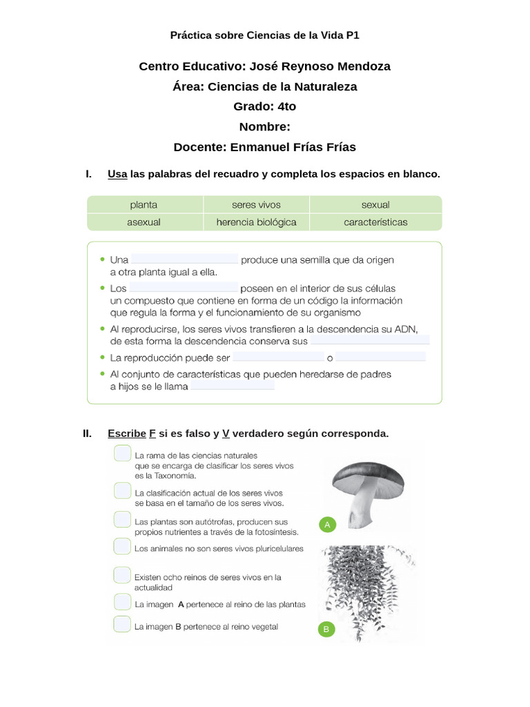Práctica de Ciencias de la Vida 4to Grado | PDF | Biología | Biología ...