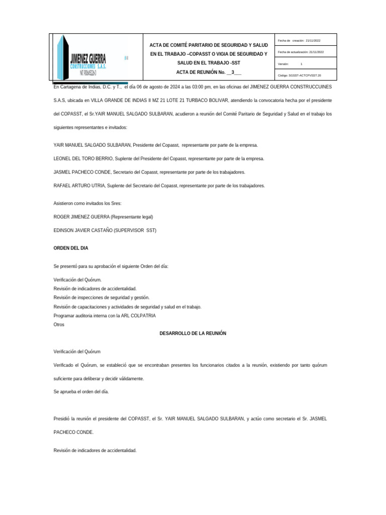 ACTA DE REUNION COPASST No. 3 | PDF