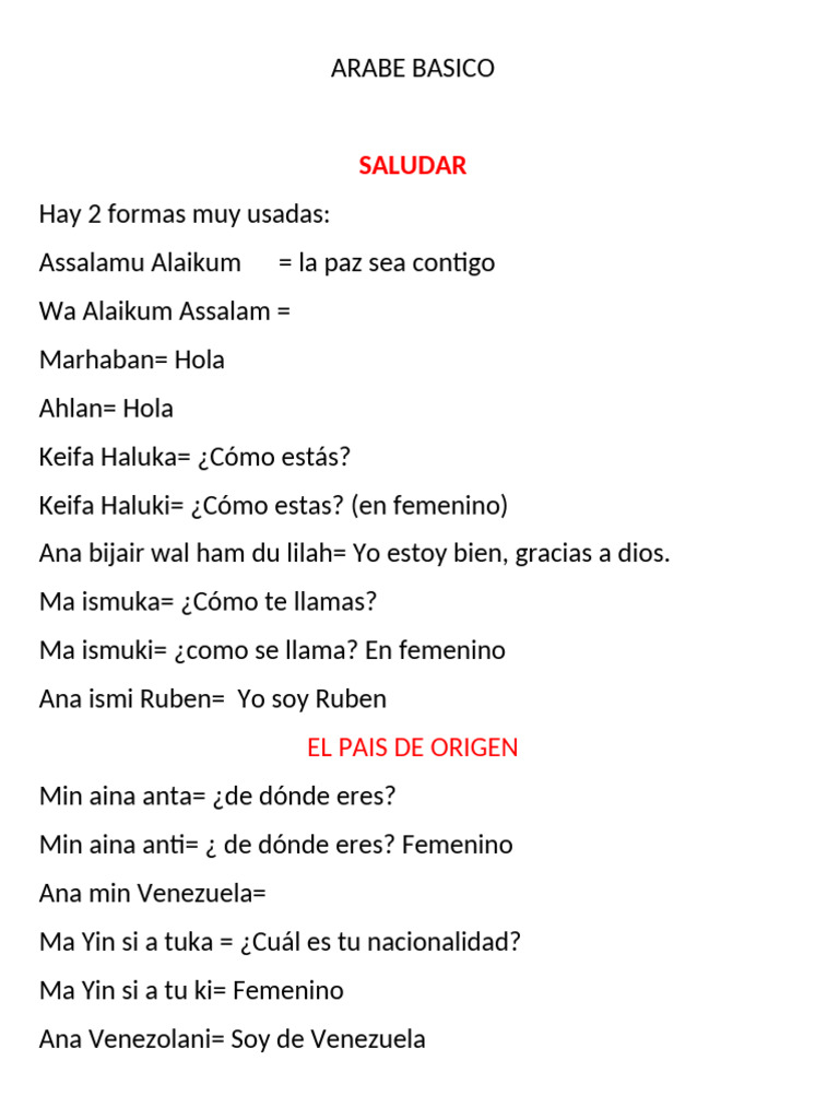 Frases Básicas en Árabe para Principiantes | PDF