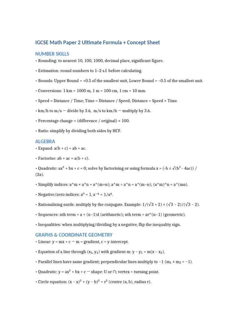 IGCSE Math Paper2 Formula Sheet | PDF | Area | Circle