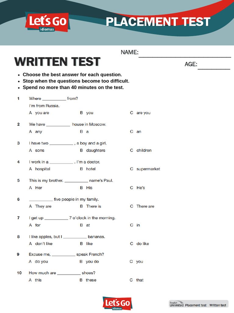 Written Placement Test - A1 - C1 | PDF