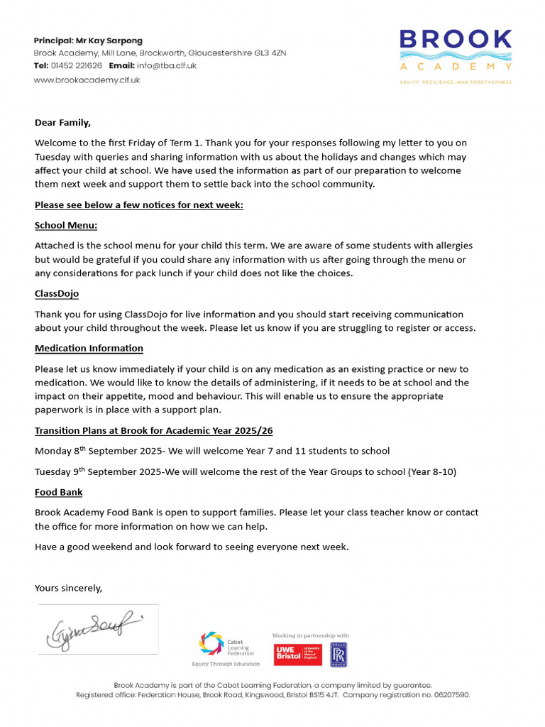 End of Week Letter Week 1 Term 1 2025 26 | PDF