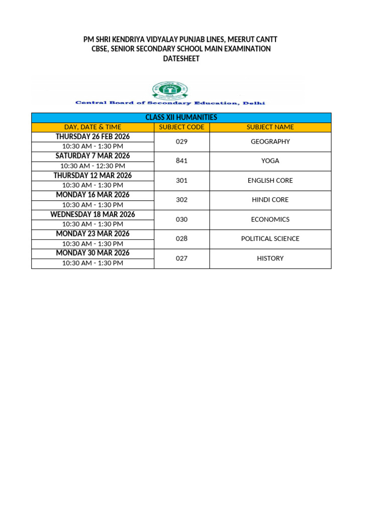Class 12 Humanities Cbse Datesheet | PDF