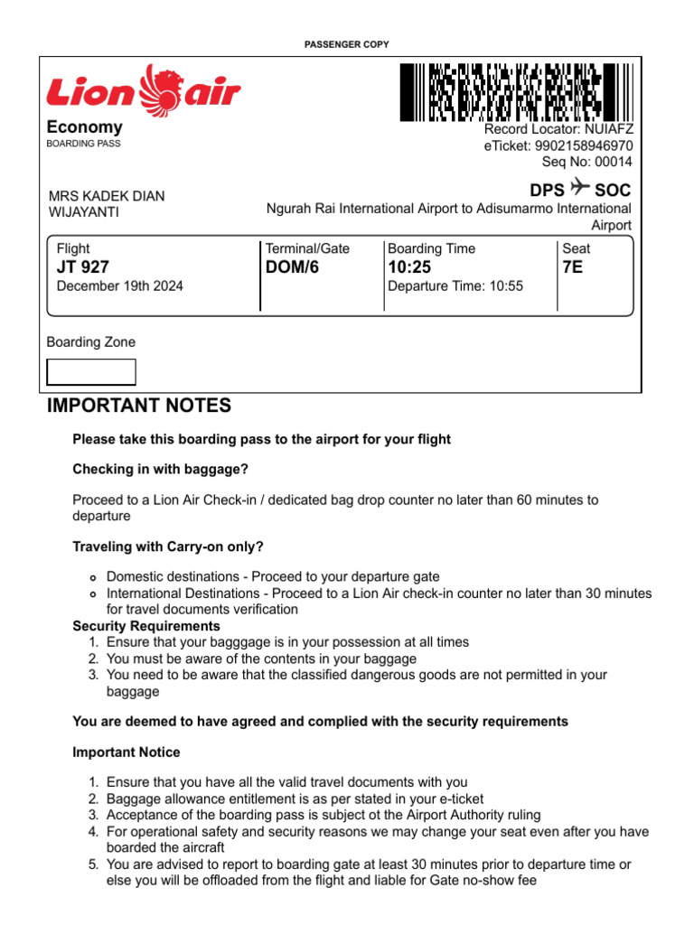 Lion Air JT 927 Boarding Pass Details | PDF | Aviation