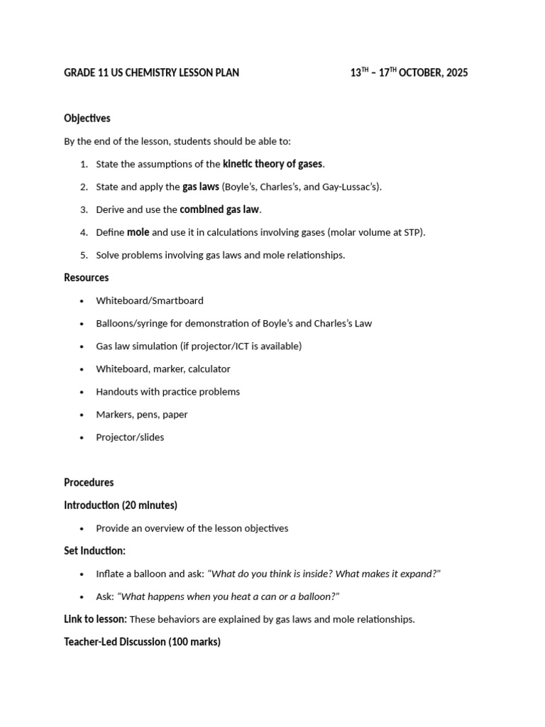Grade 11 Chemistry: Gas Laws Lesson Plan | PDF | Gases