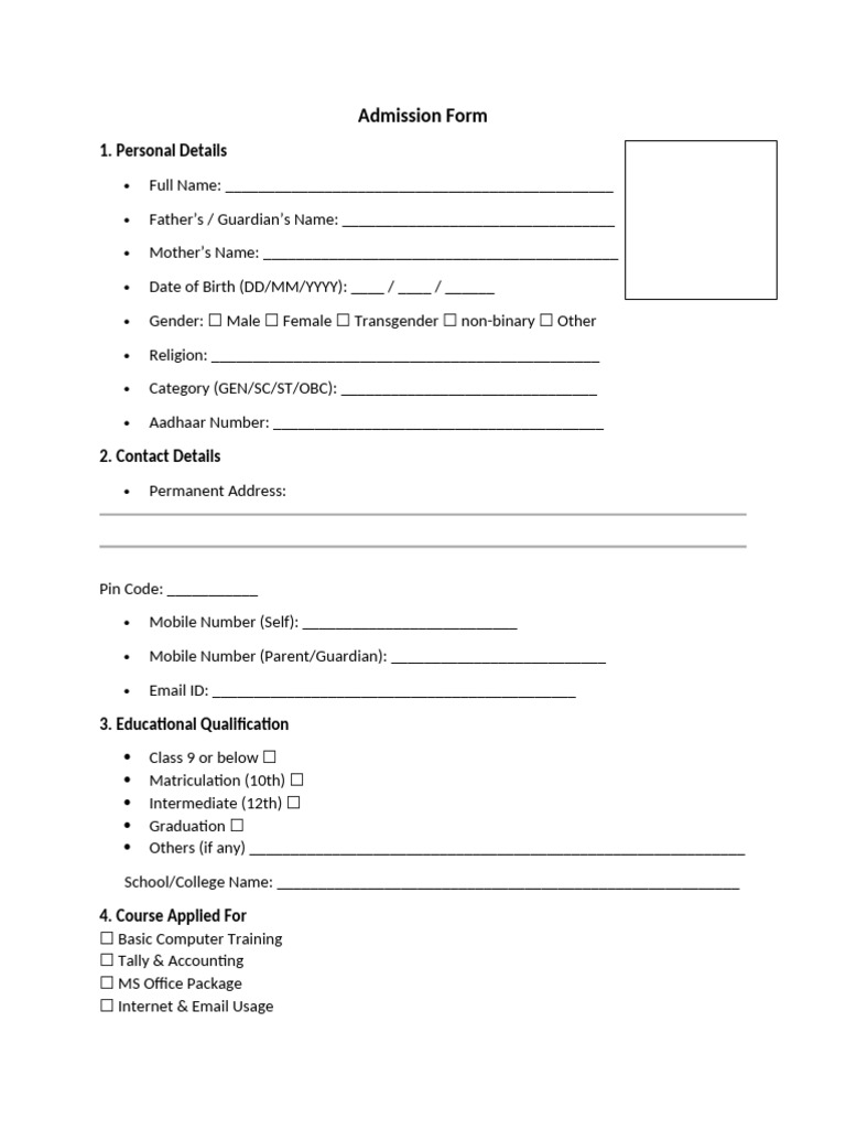 Addmission Form For Skill Development | PDF