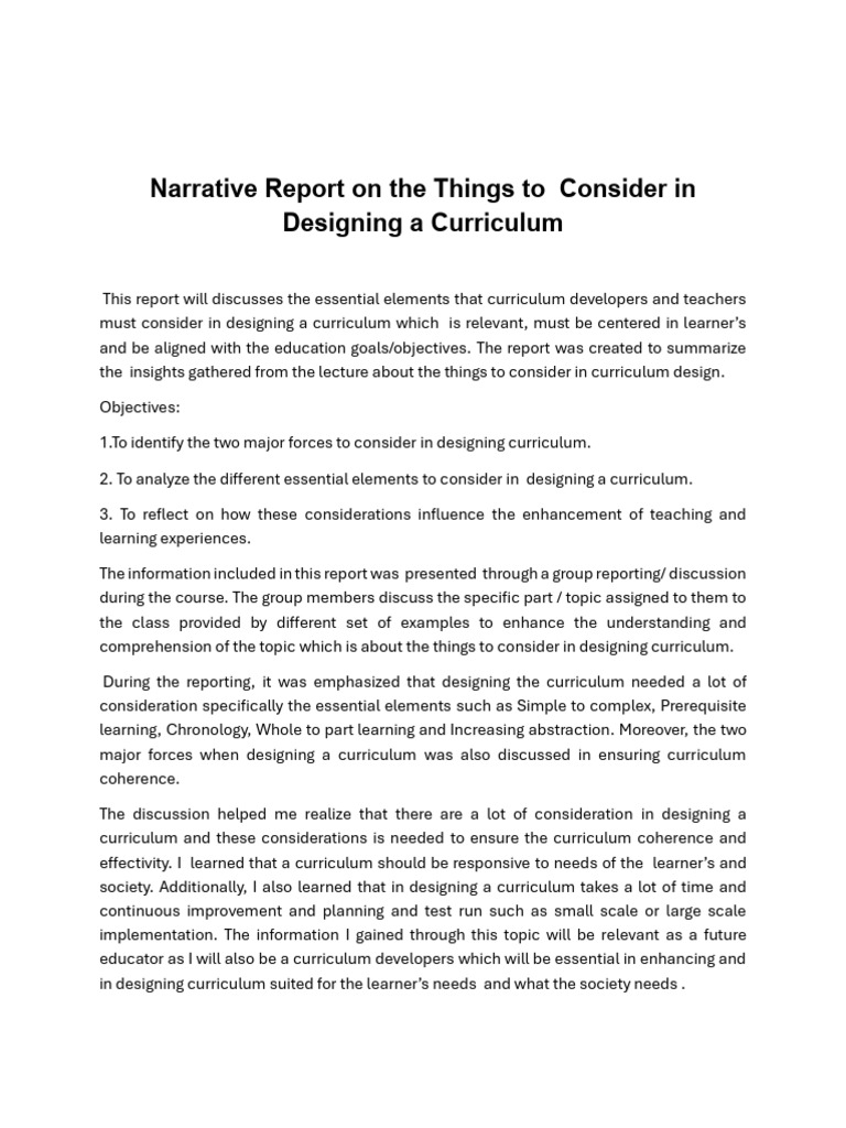 Narrative Report | PDF | Curriculum | Learning
