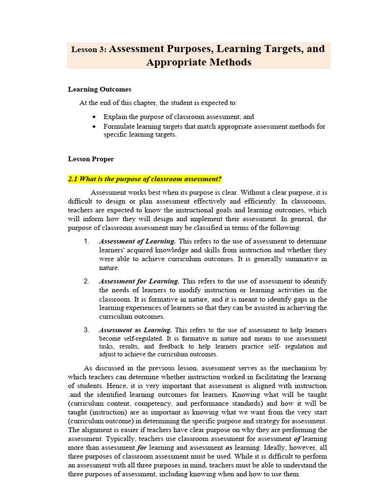 Lesson 3 Assessment Purposes Learning Targets And Appropriate