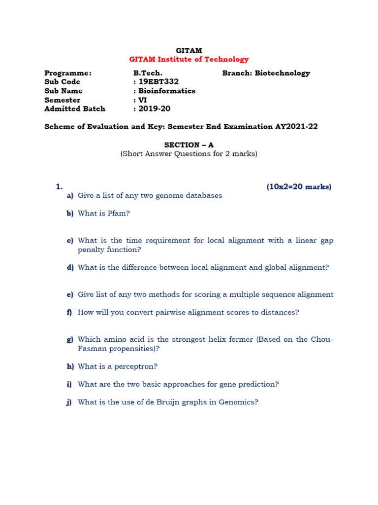 Btech Bioinformatics Semendkey 202122 bt3 | PDF | Sequence Alignment | Dynamic Programming