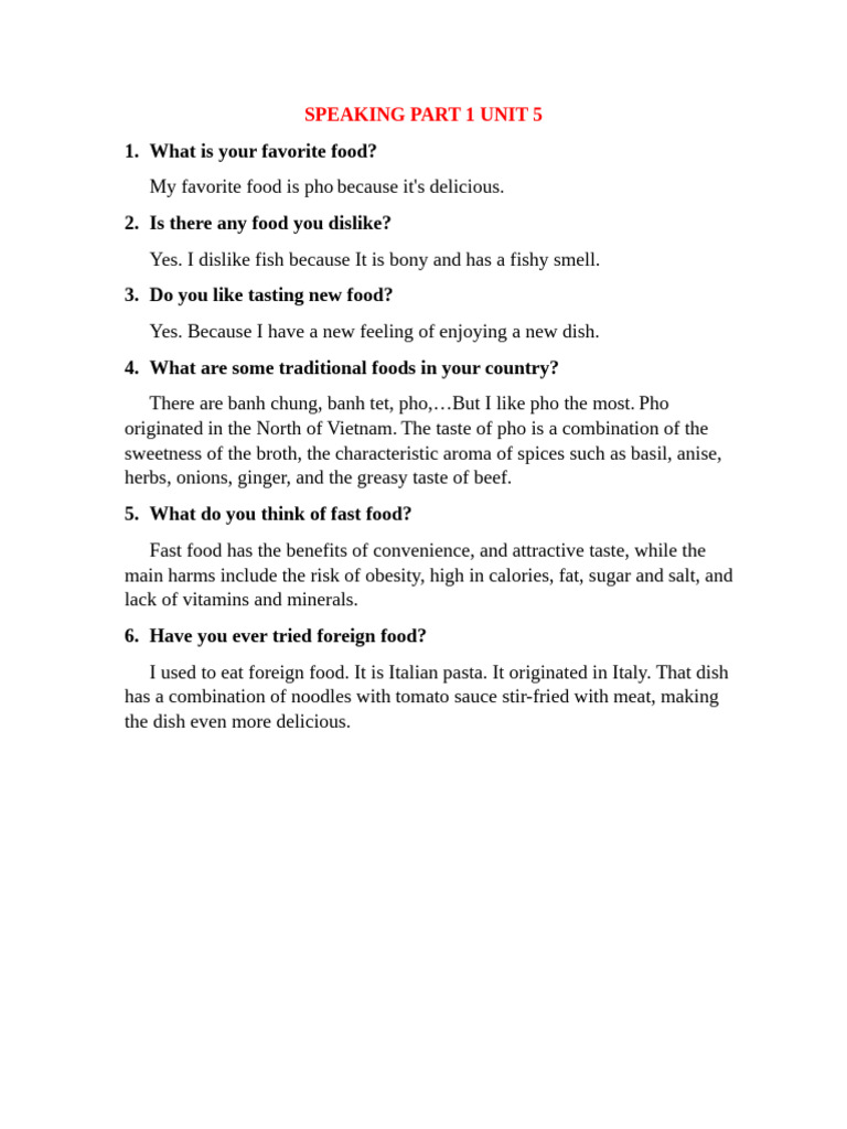 Speaking Part 1 Unit 5 | PDF
