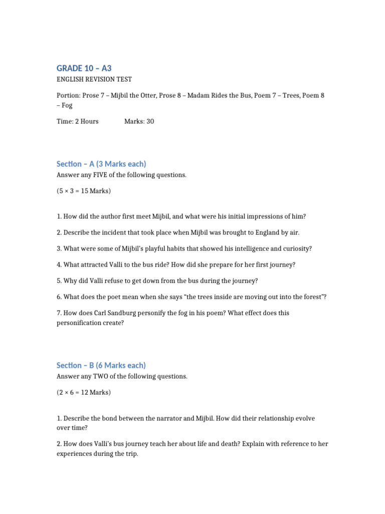 Grade10 A3 English Revision Test | PDF
