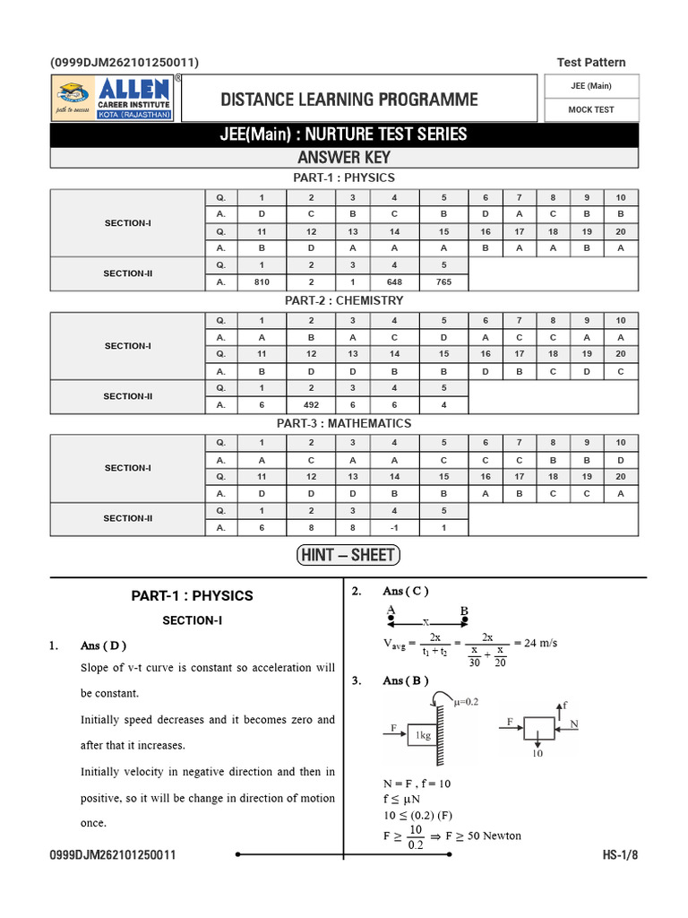 JEE Main Mock Test Answer Key | PDF | Acid Dissociation Constant | Ph