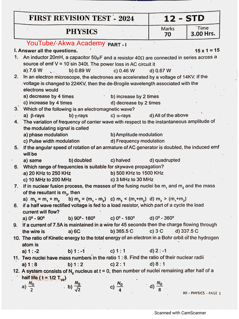 12th Physics EM First Revision Exam 2024 Question Paper Tirupattur District English Medium PDF ...