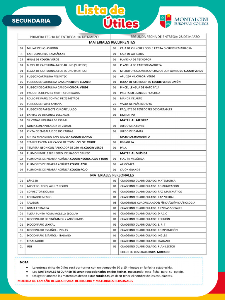 LISTA UTILES 2° SECUNDARIA | PDF