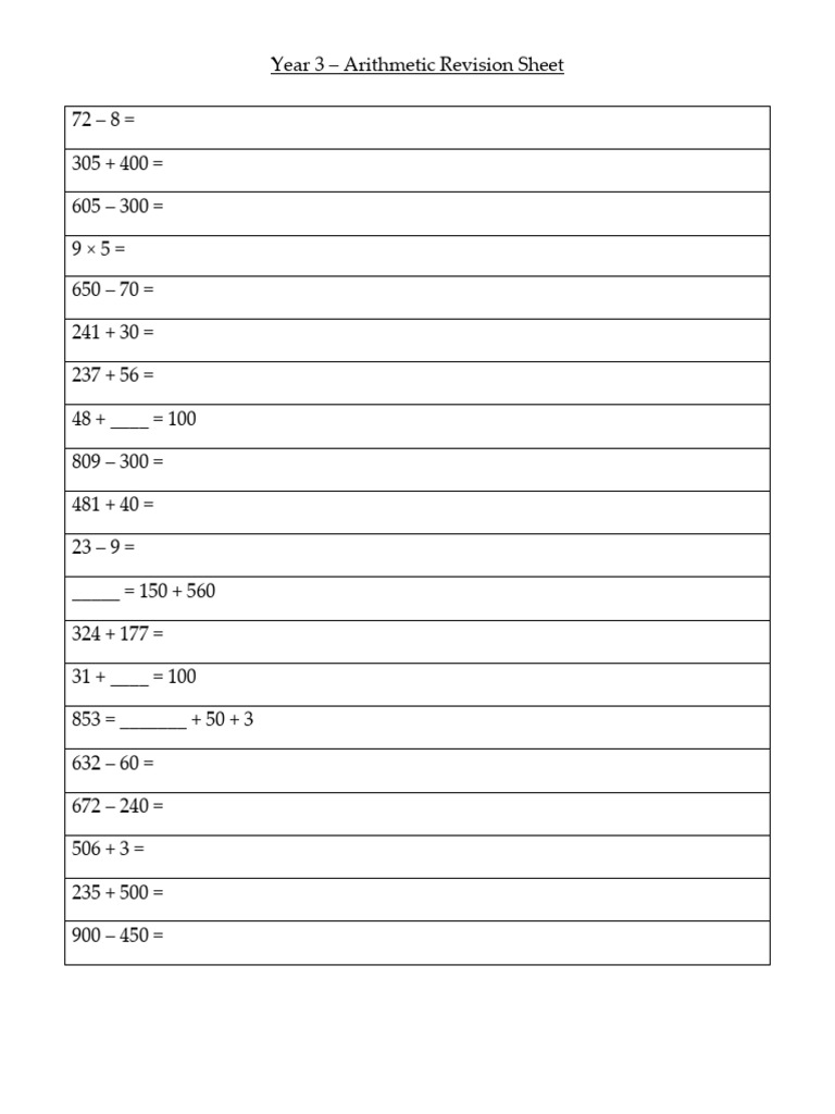 Year 3 Arithmetic Revision Exercises | PDF