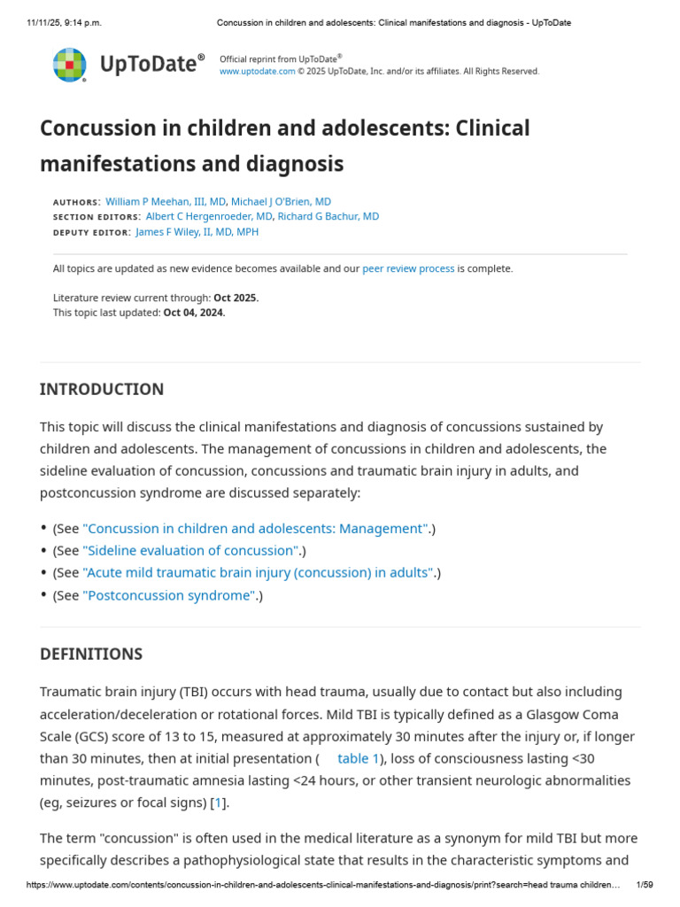 Concussion in Children and Adolescents - Clinical Manifestations and ...