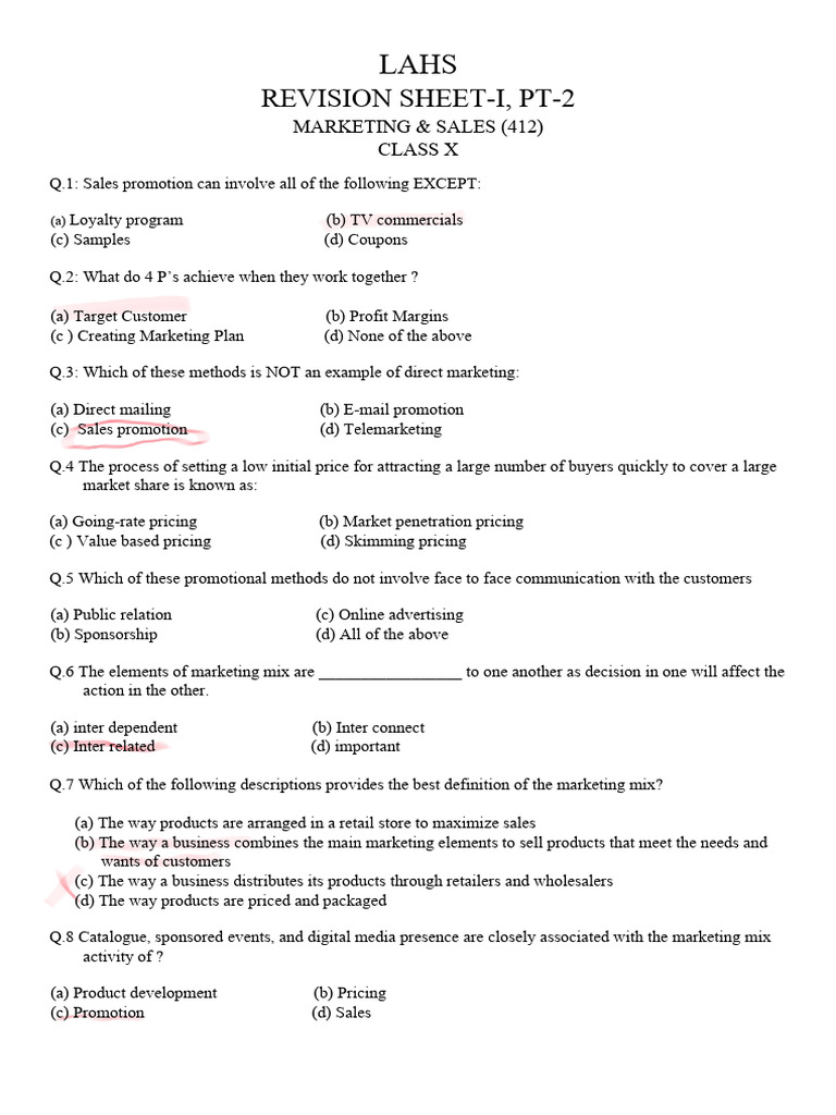 Marketing & Sales Revision Sheet Class X | PDF | Marketing | Market ...