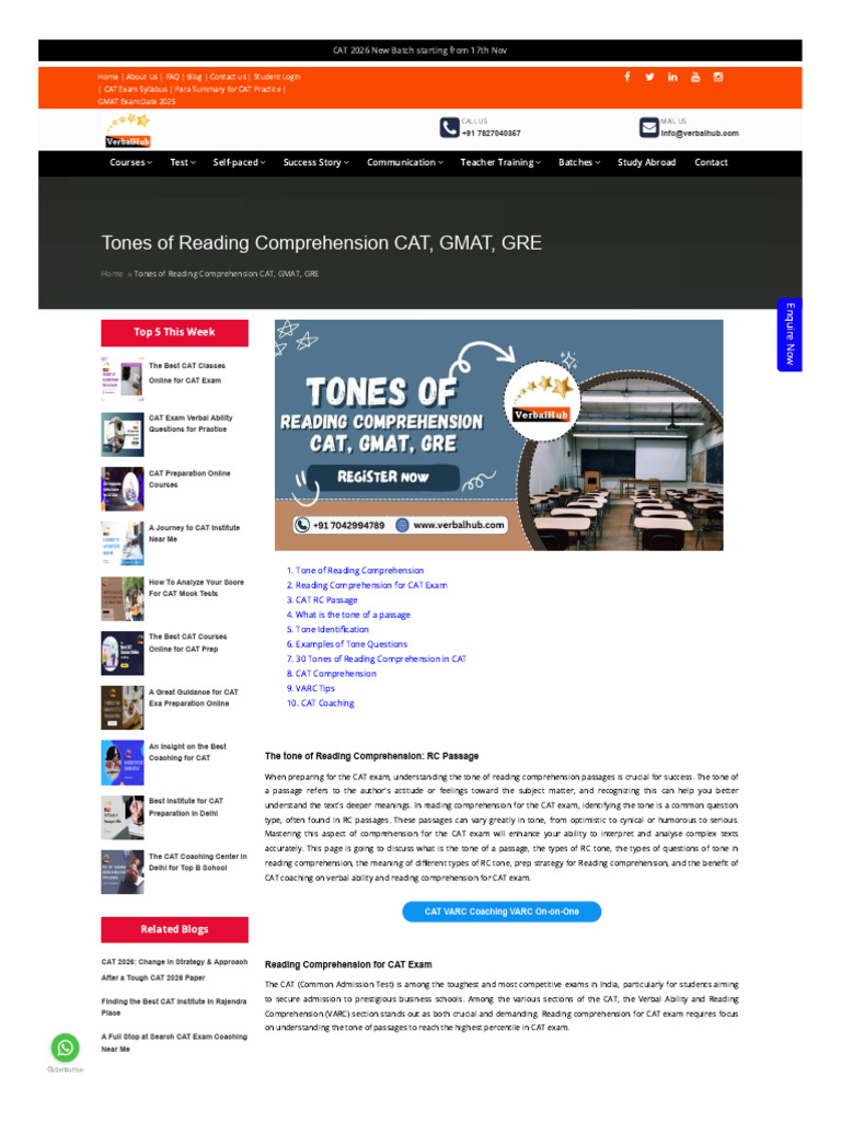 WWW Verbalhub Com Tones of Reading Comprehension Cat GMAT GRE PHP | PDF ...