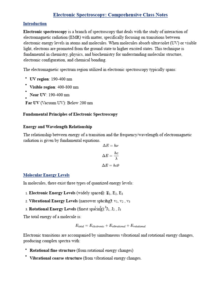 Electronic Spectroscopy Class Notes | PDF | Spectroscopy | Energy Level